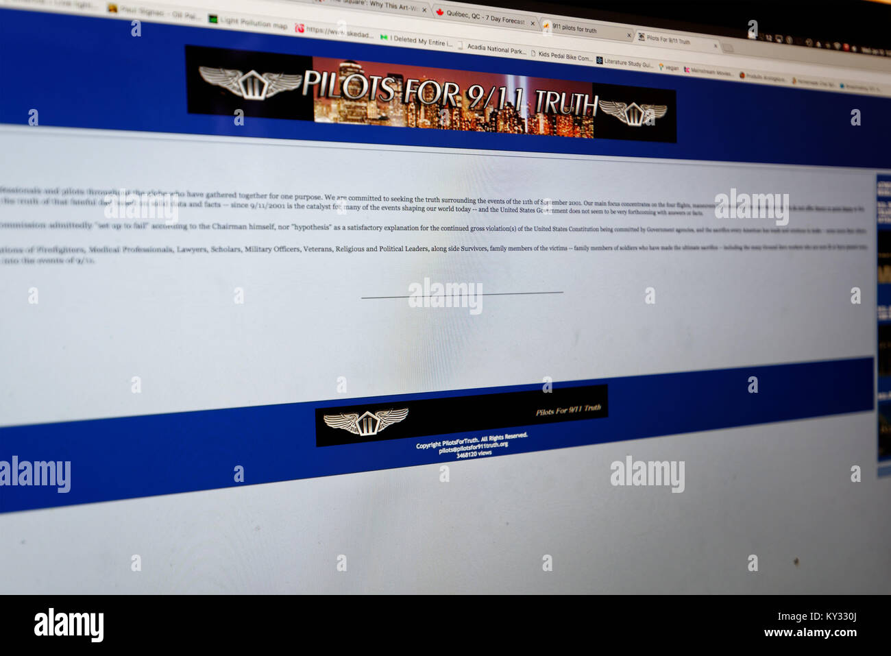 A computer screen showing a webpage Pilots for 9/11 Truth, pilots who ...