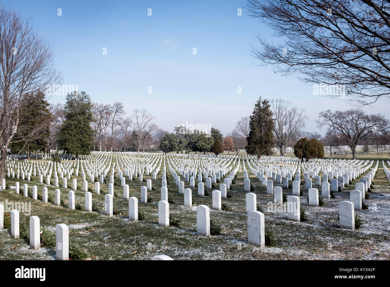 A view of grave markers in Arlington National Cemetery in Virginia, USA ...