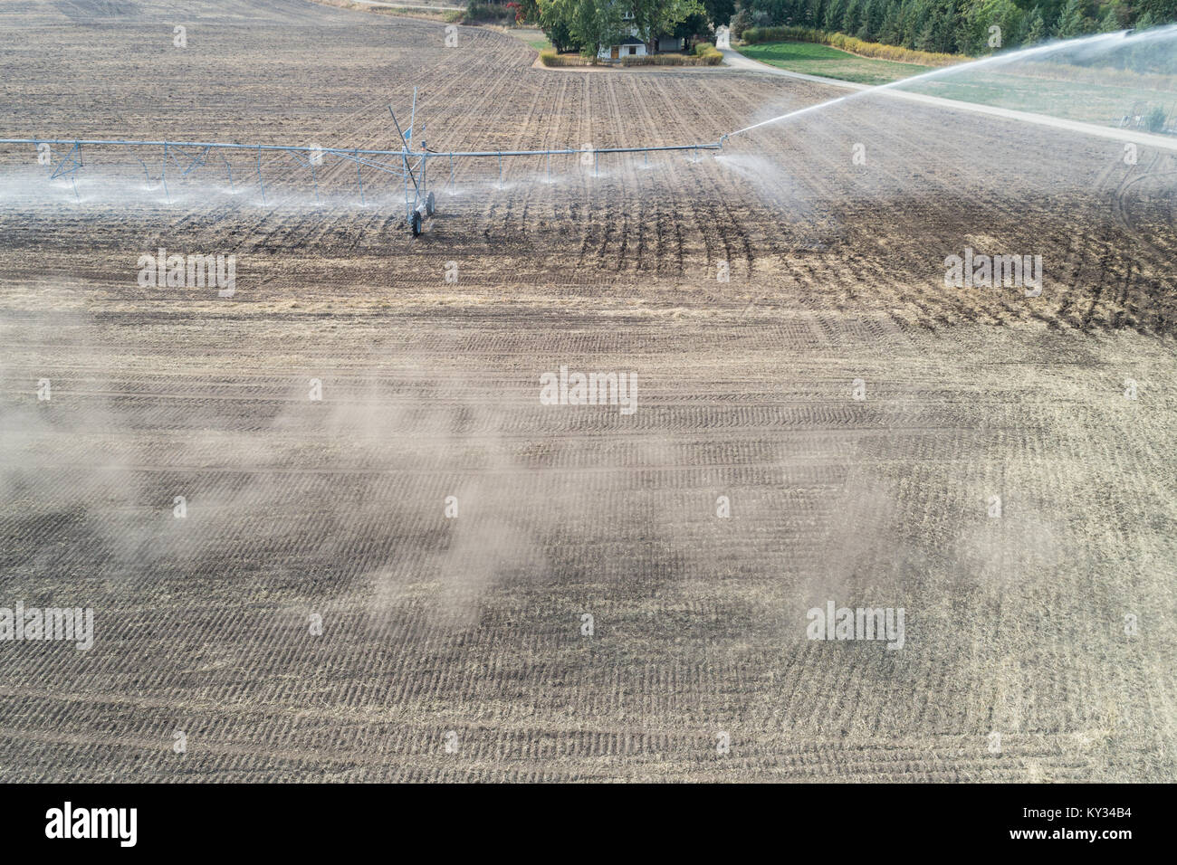 Irrigation system sprinkling water in field Stock Photo - Alamy