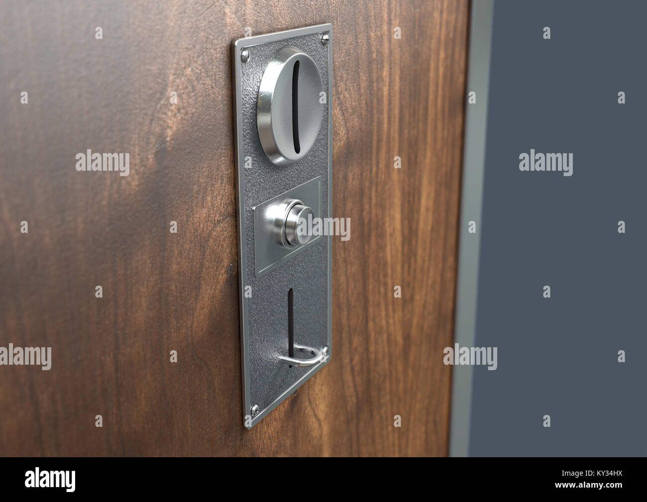 A vintage metal coin receptacle slot panel from a coin operated machine ...