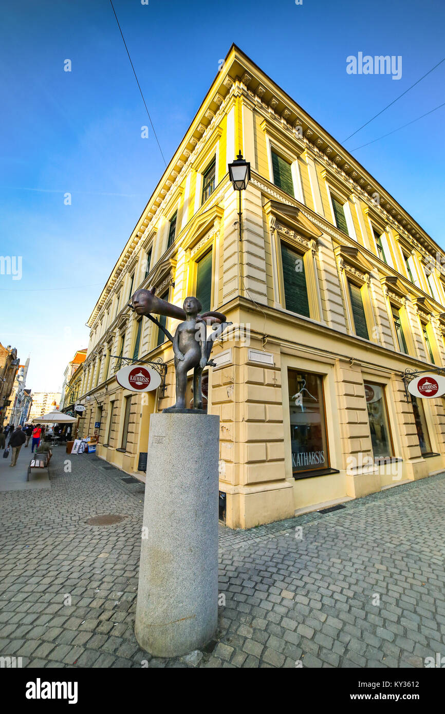 Timisoara, Romania - Modern art bronze statue at the street corner in ...