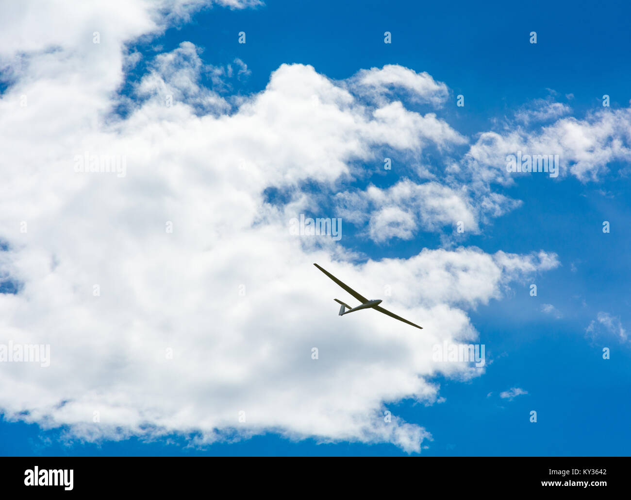 A Glider flying in bleu sky with big white clouds. The glider is a ...
