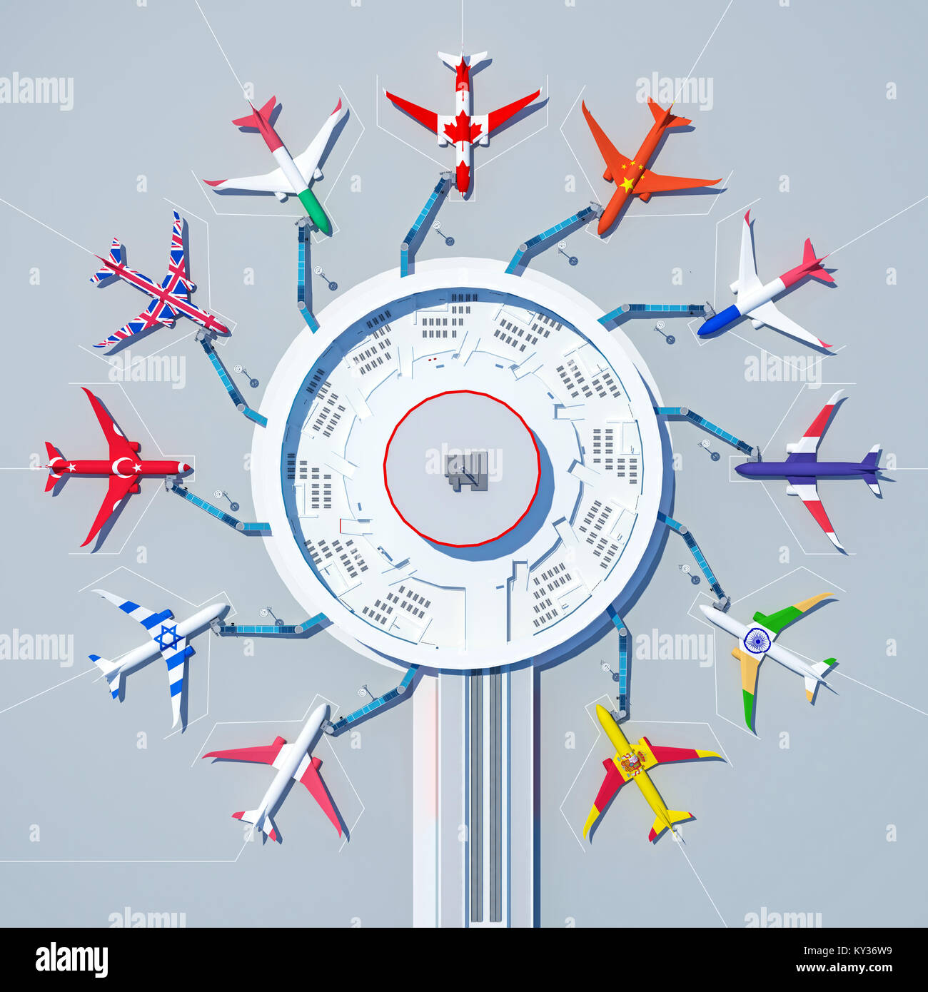international airport with airplanes in the coloring of flags of ...