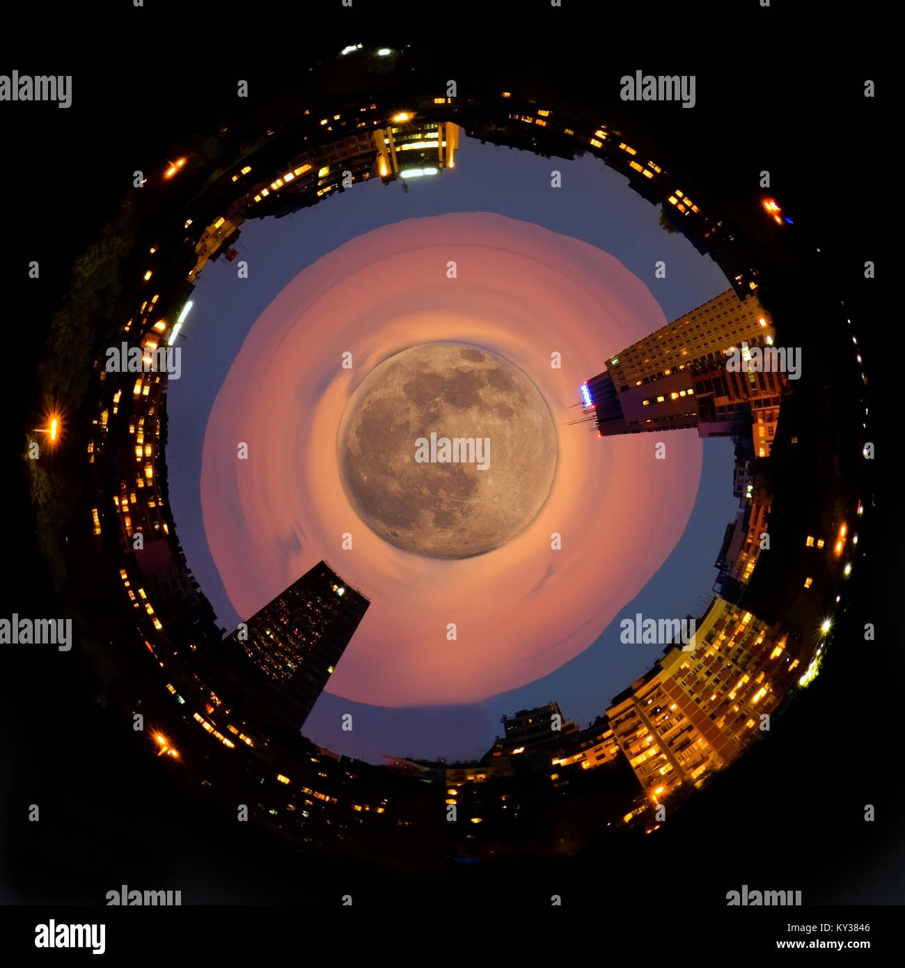 Spherical panorama. Night time landscape and big moon, abstract ...