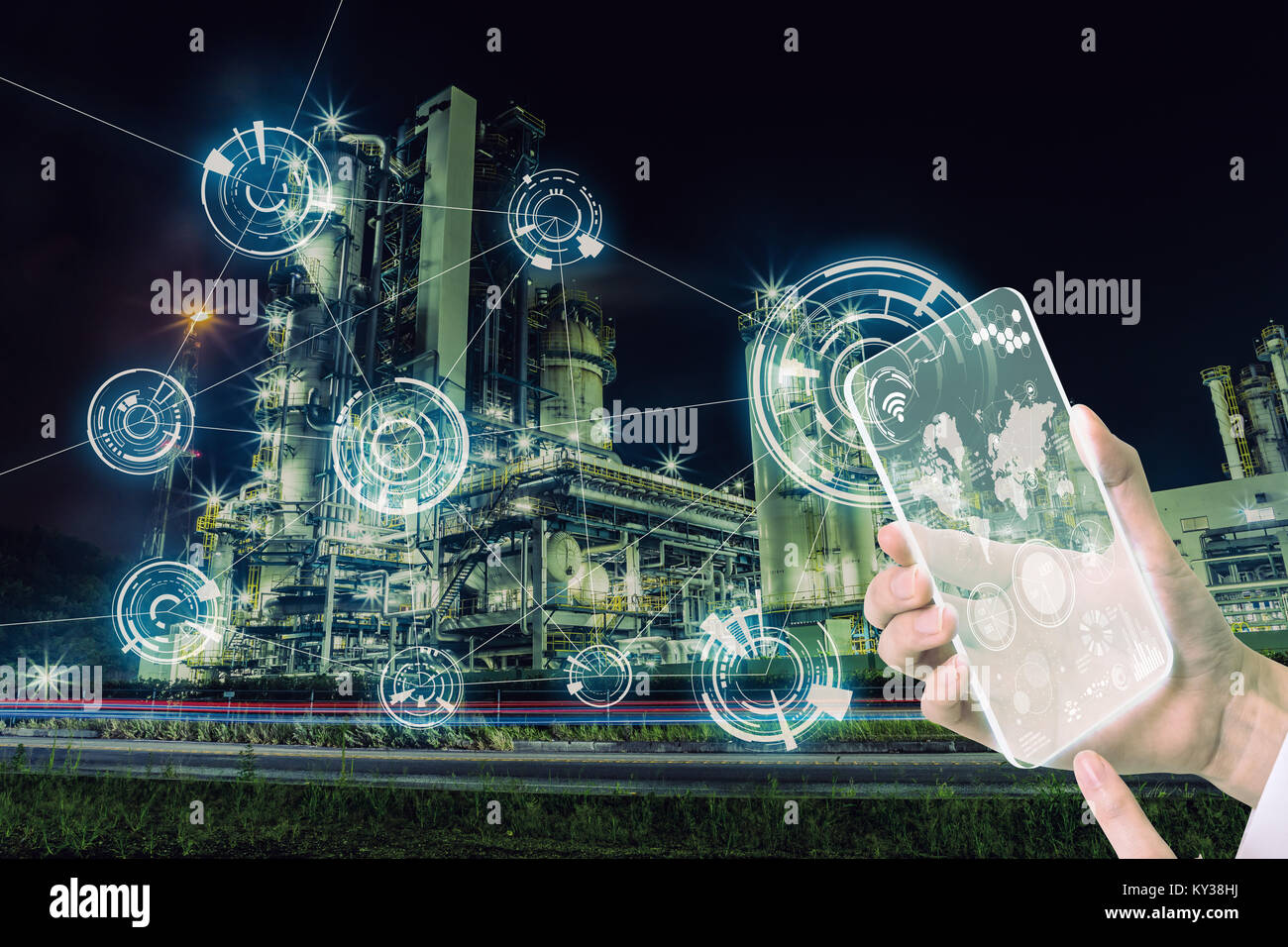 Smart factory and wireless communication network. Abstract mixed media ...