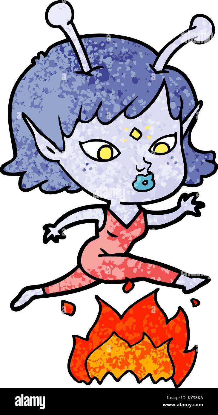 pretty cartoon alien girl jumping over fire Stock Vector Image & Art ...