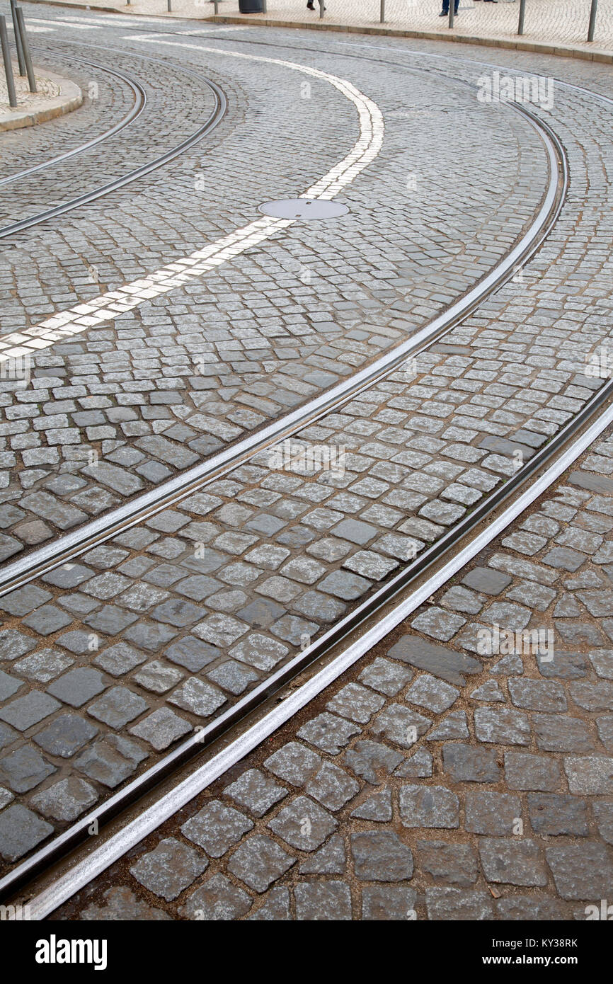 Curve on Tram Track; Lisbon; Portugal Stock Photo - Alamy
