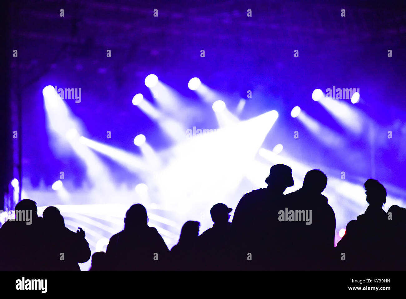 Cheerful crowd partying at a concert. Silhouette of friends socializing ...
