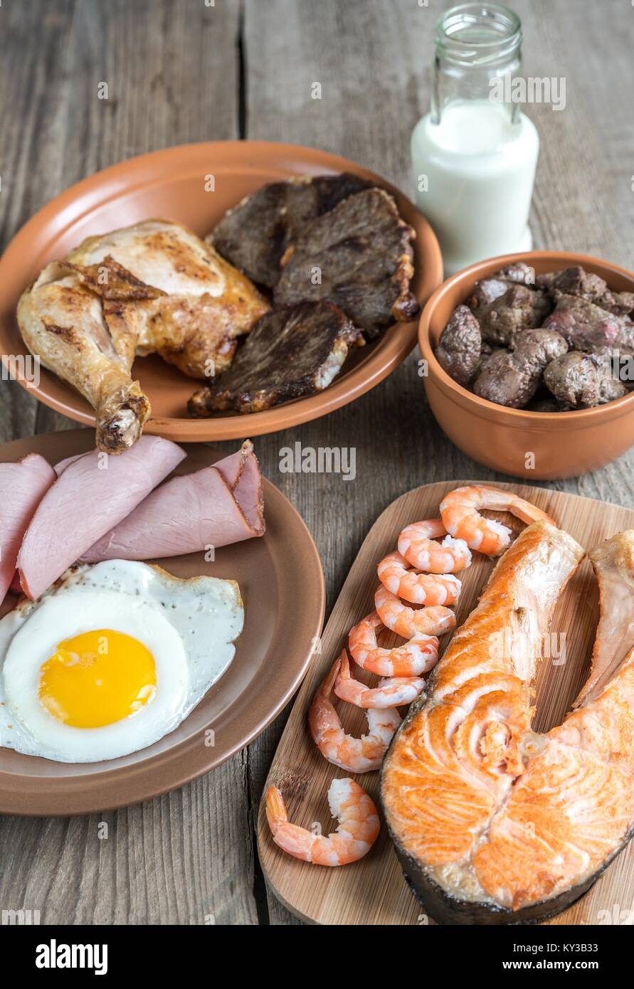 Protein diet:cooked products Stock Photo - Alamy