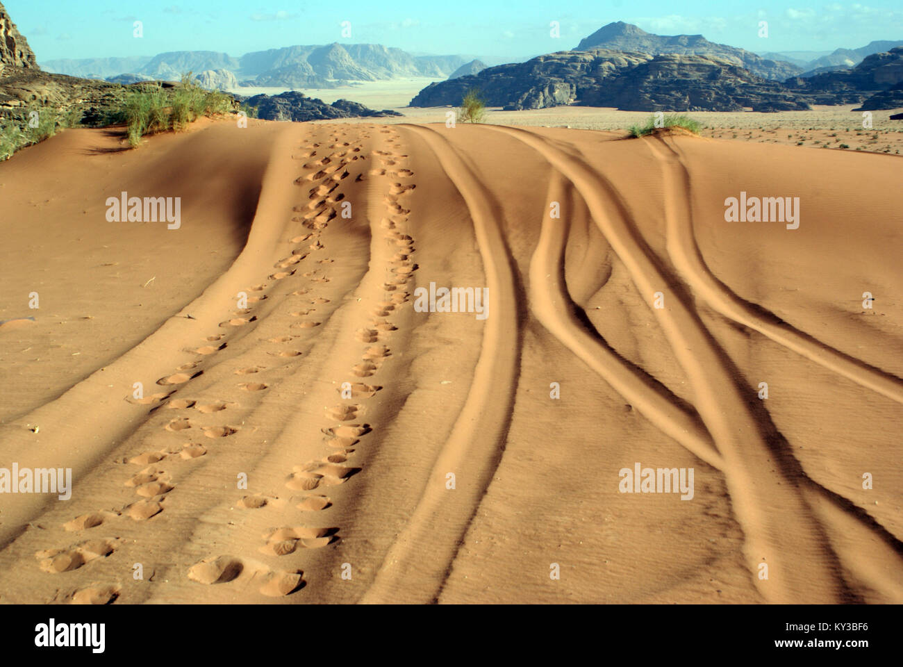 Footprints and tracks in Wadi Rum desert, Jordan Stock Photo - Alamy