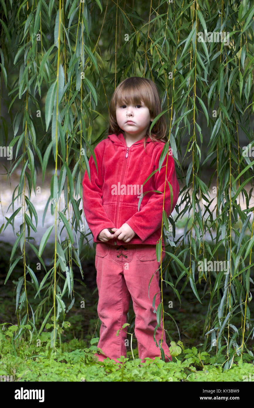Upset child standing alone in the woods Stock Photo - Alamy