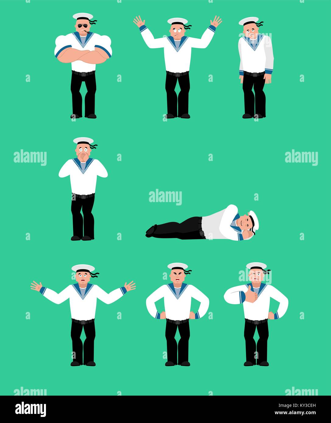 Sailor set poses and motion. Russian soldier seafarer happy and yoga ...
