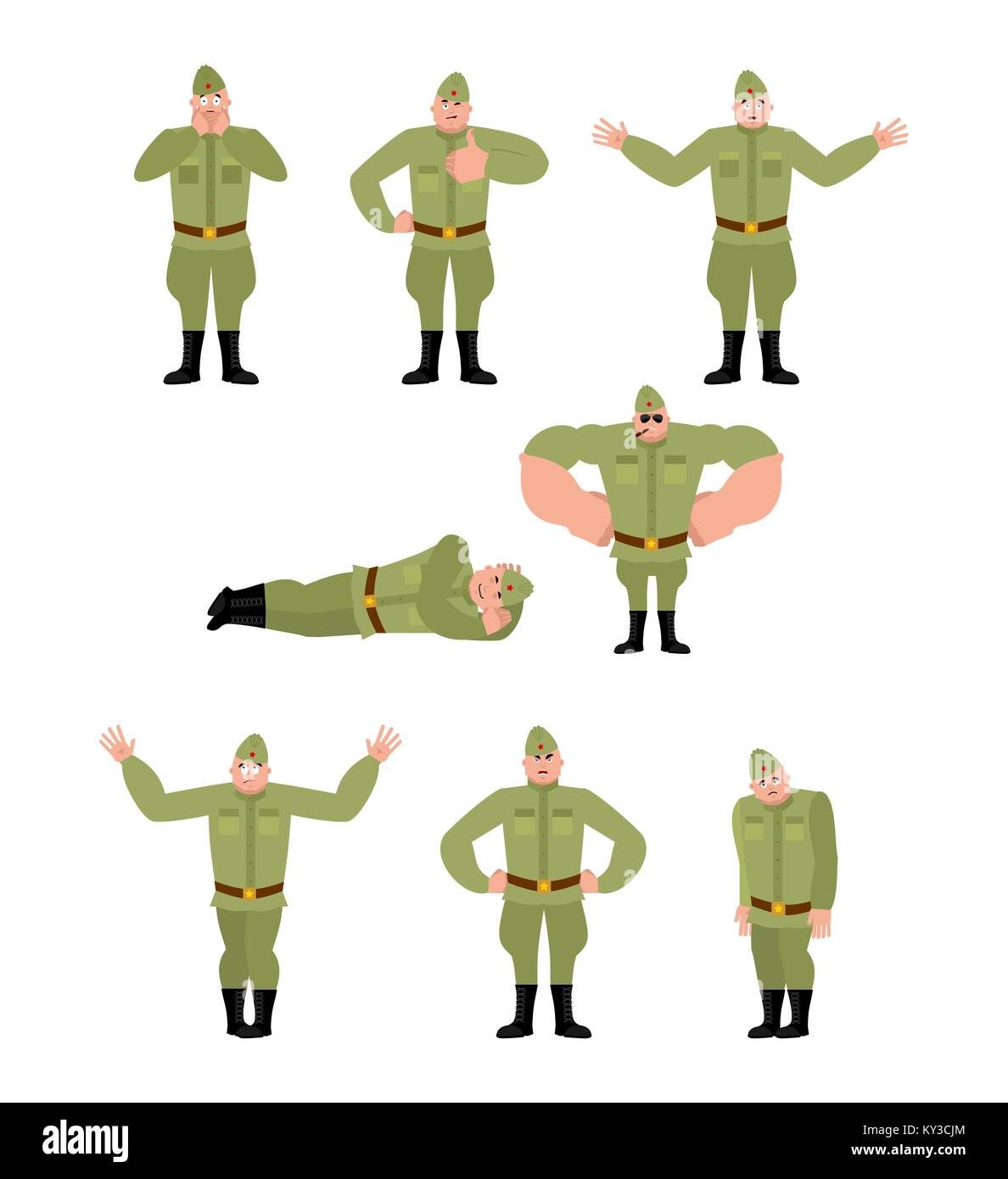 Soviet soldier set poses. Retro Russian warrior happy and yoga ...