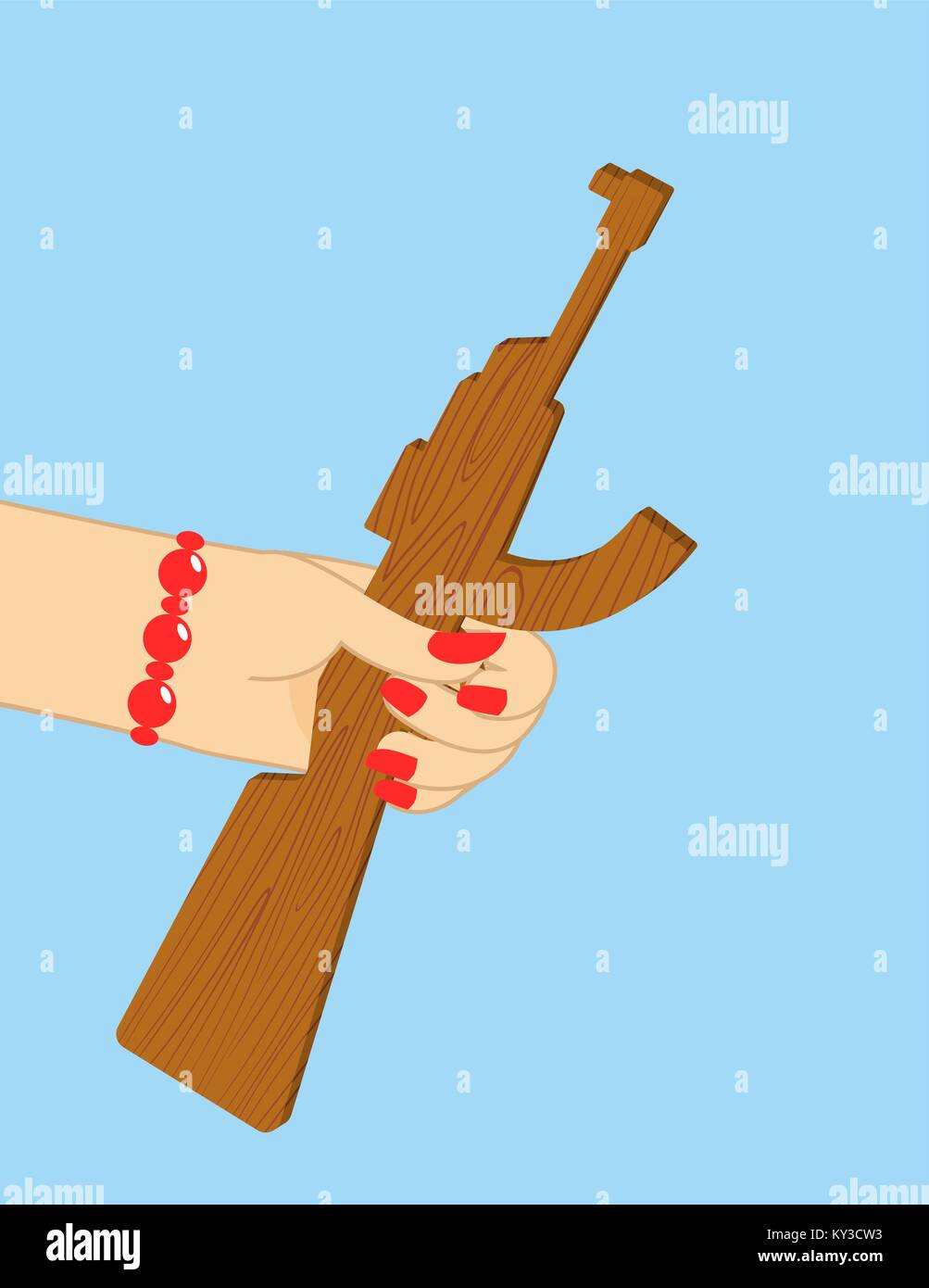 February 23. Woman hand giving Wood gun toy. Wooden weapons ...