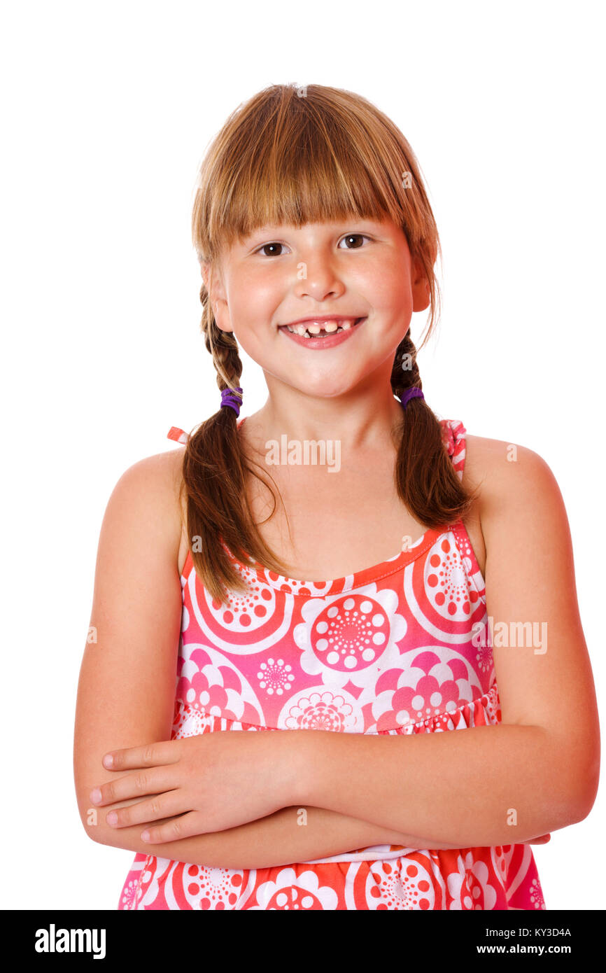 Happy laughing seven years girl portrait isolated Stock Photo - Alamy