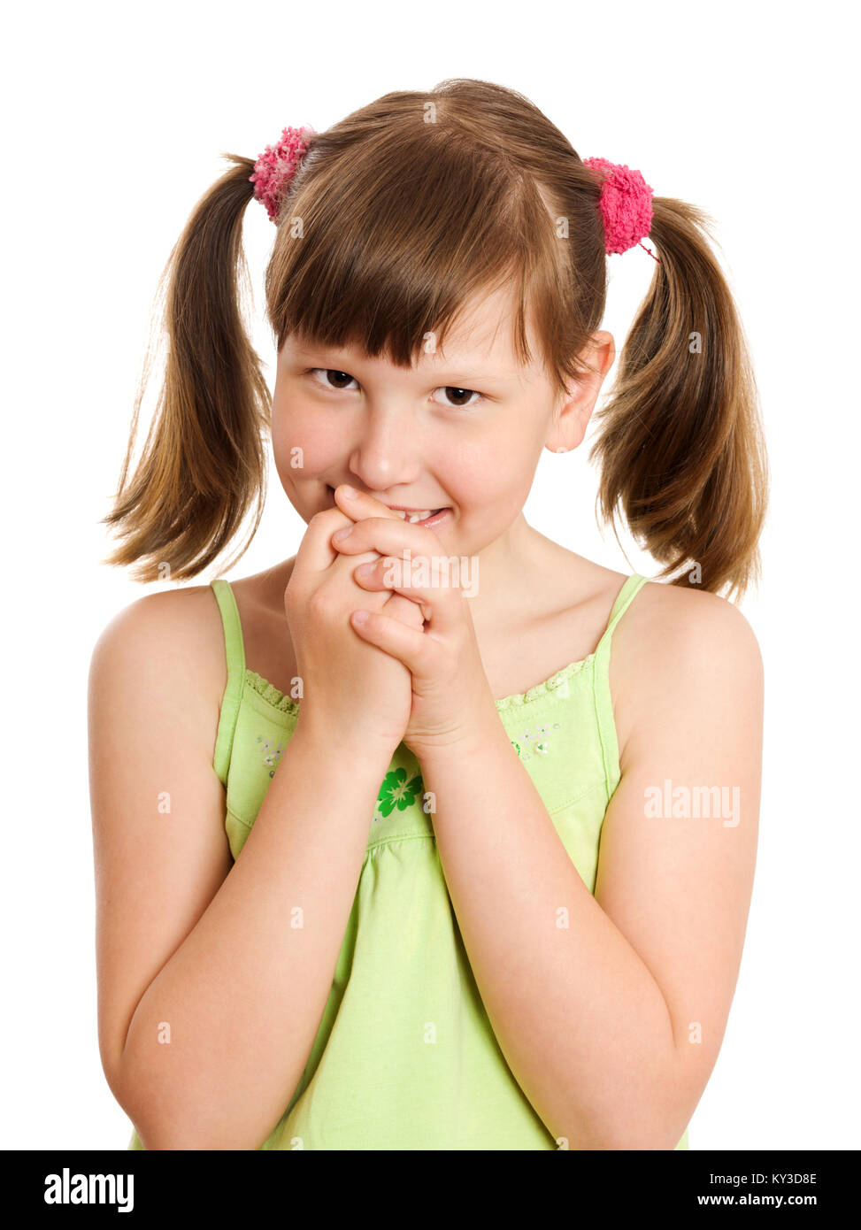 Worried eight years girl biting fingernails isolated Stock Photo - Alamy