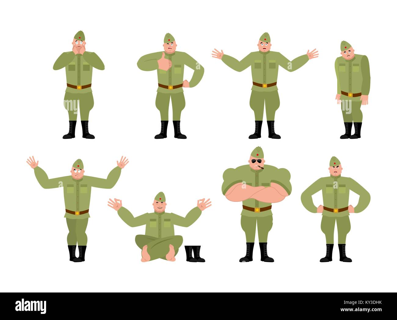 Soviet soldier set poses and motion. Retro Russian warrior happy and ...