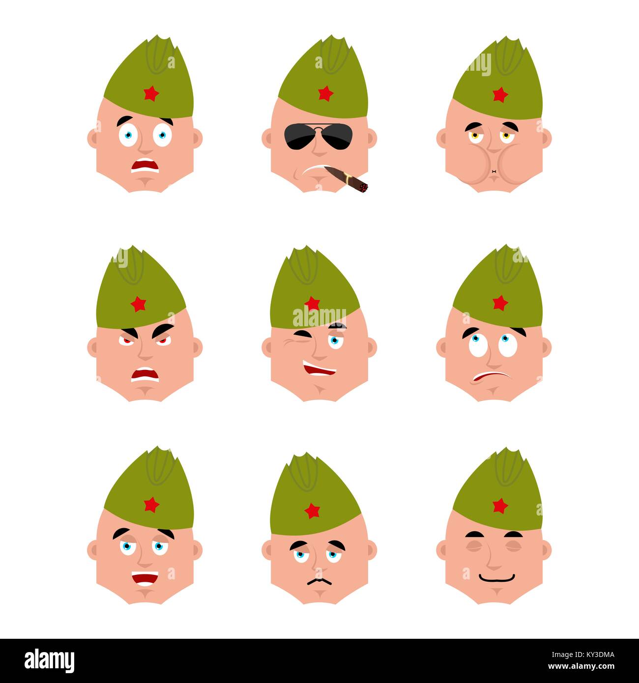 Soviet soldier set emoji avatar. sad and angry face. guilty and ...