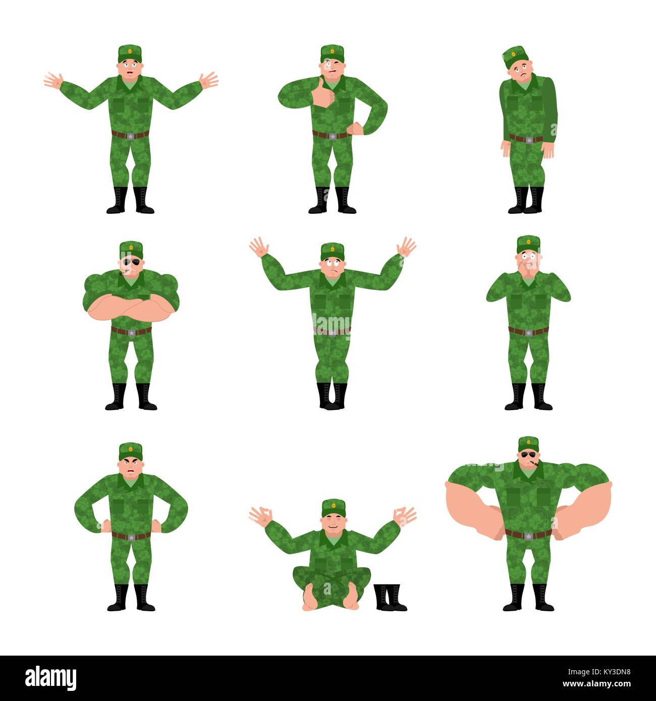 Russian Soldier set poses. Warrior happy and yoga. sleeping and angry ...