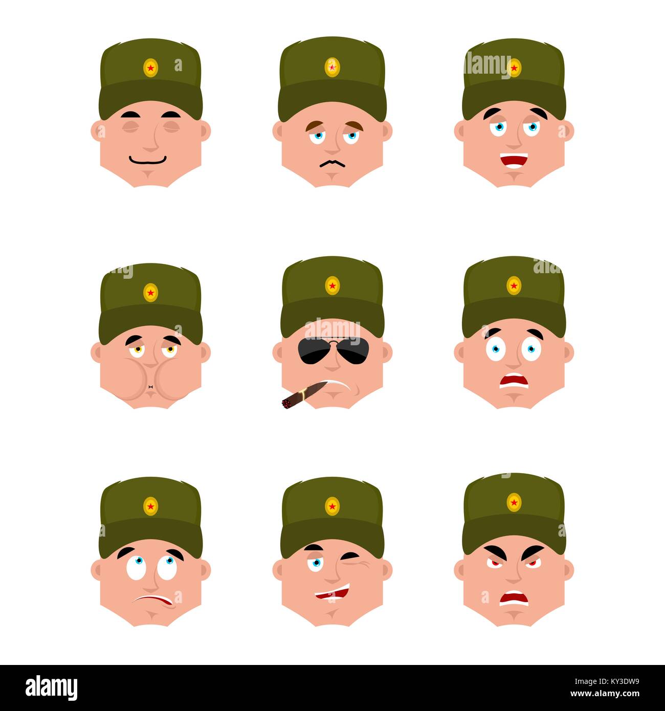 Russian soldier set emoji avatar. sad and angry face. guilty and ...