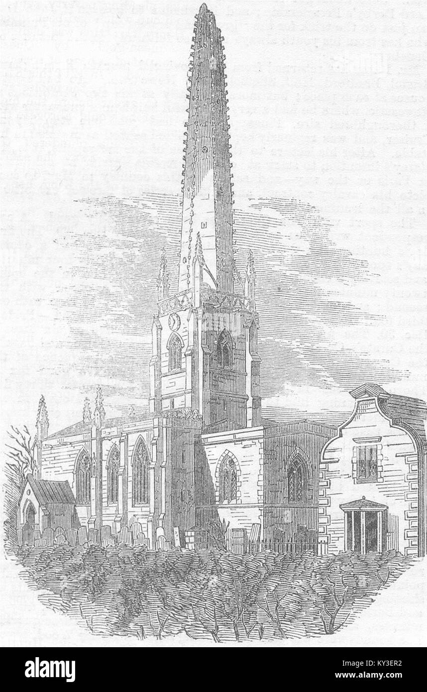 LINCS Caythorpe Church, Grantham, hit by lightning 1859. Illustrated ...