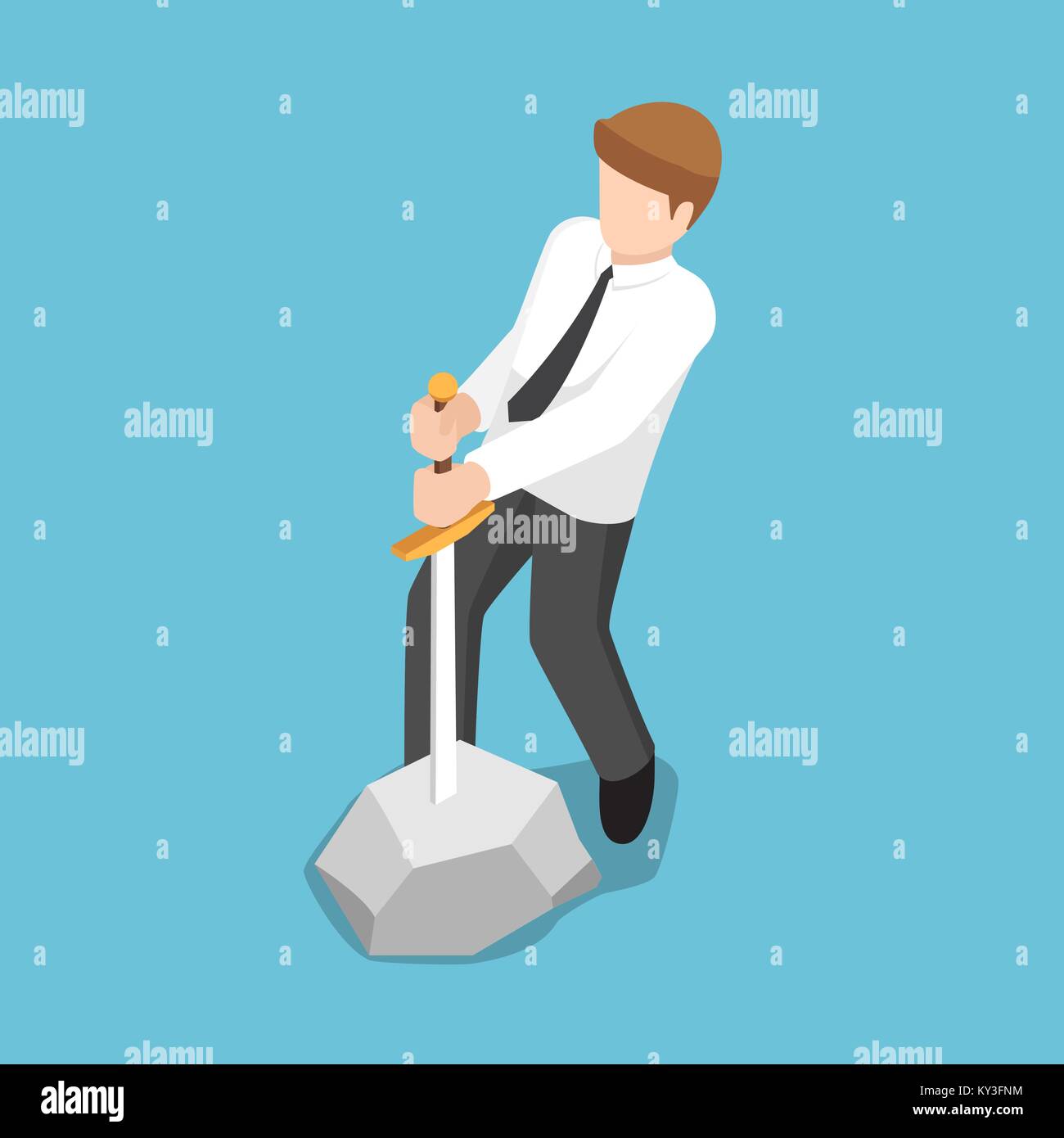 Flat 3d isometric businessman trying to pull sword from stone. Business ...