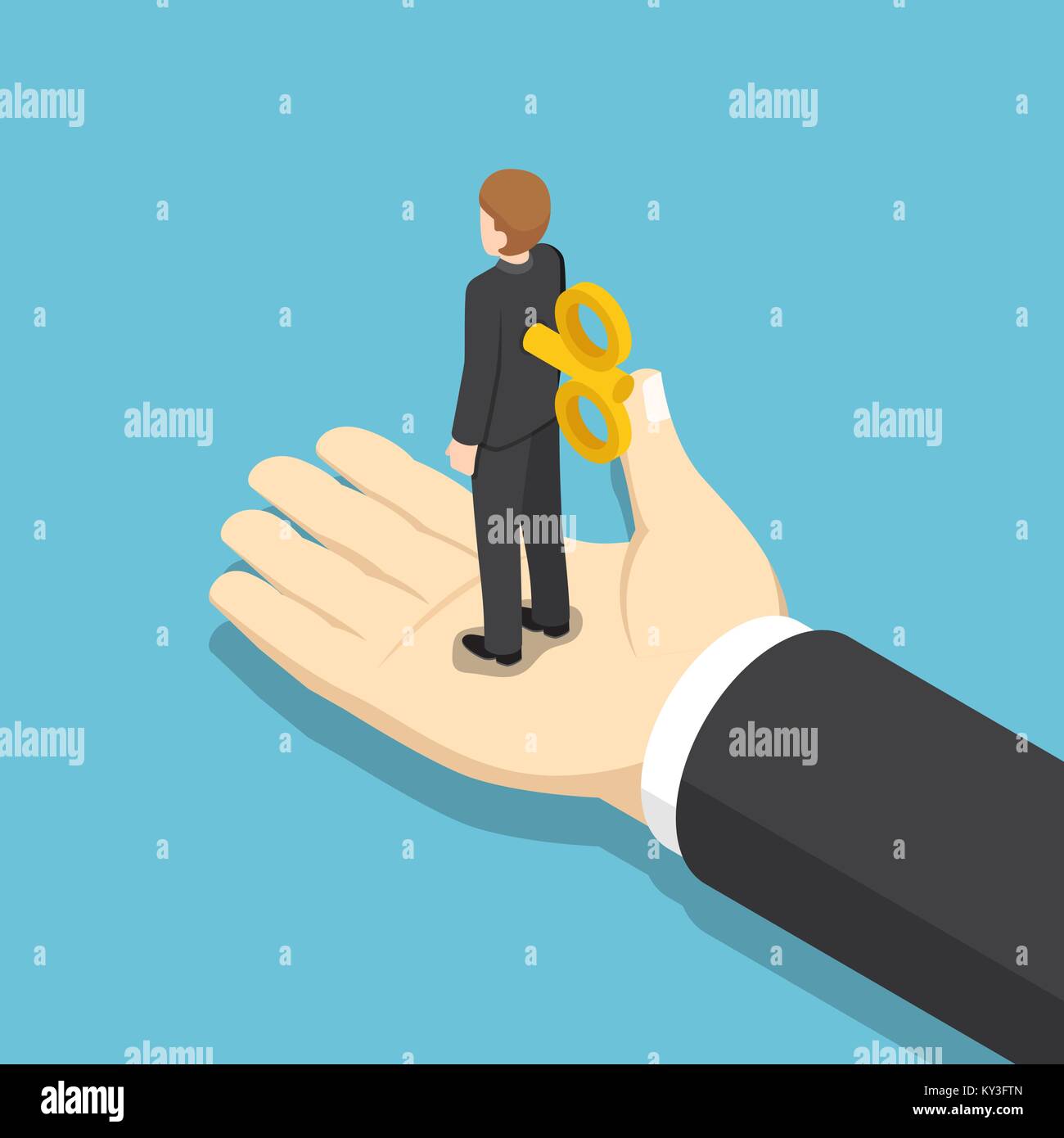 Flat 3d isometric businessman with wind-up key on his back standing on ...