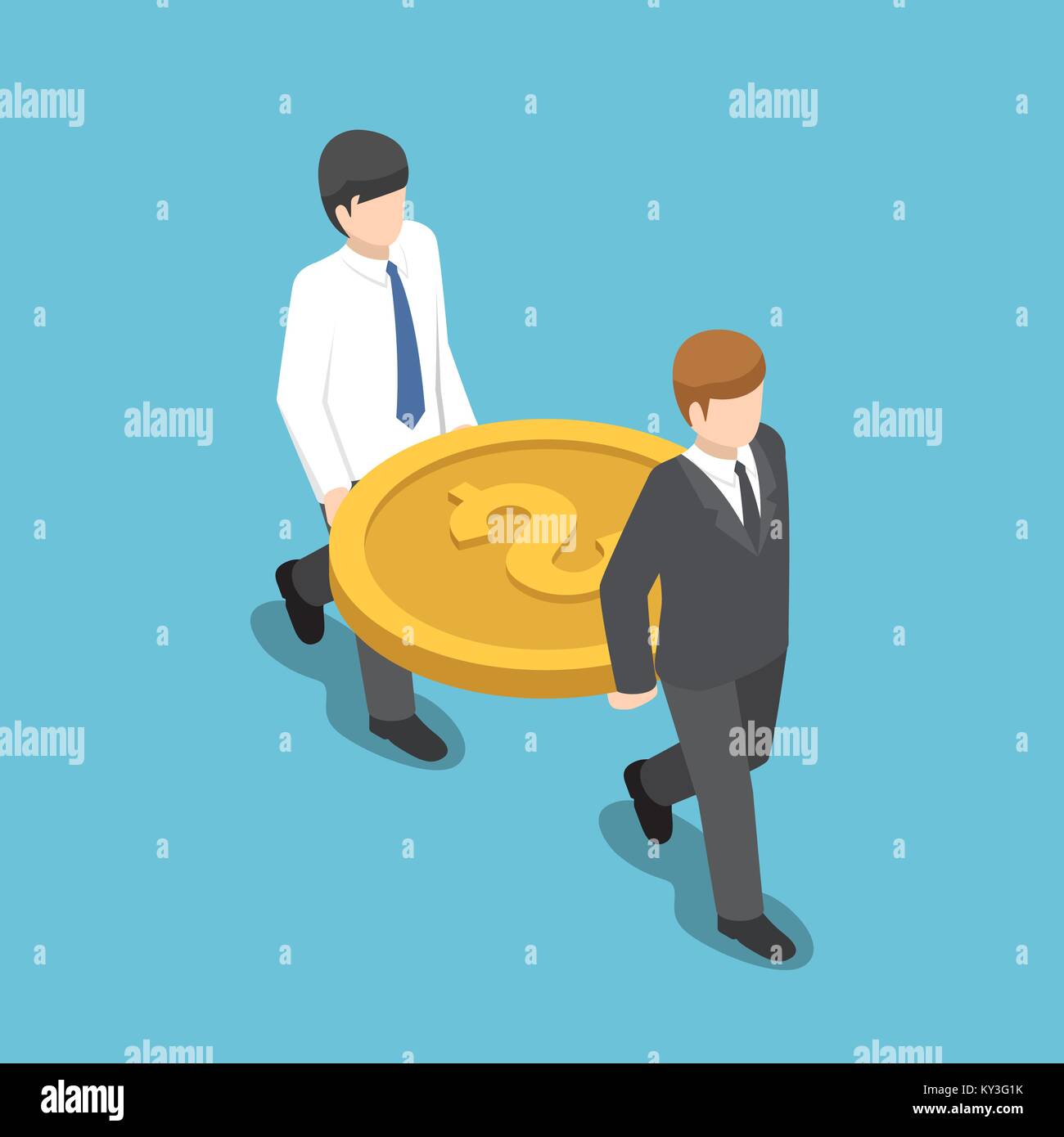 Flat 3d isometric two businessman carrying big dollar coin. teamwork ...