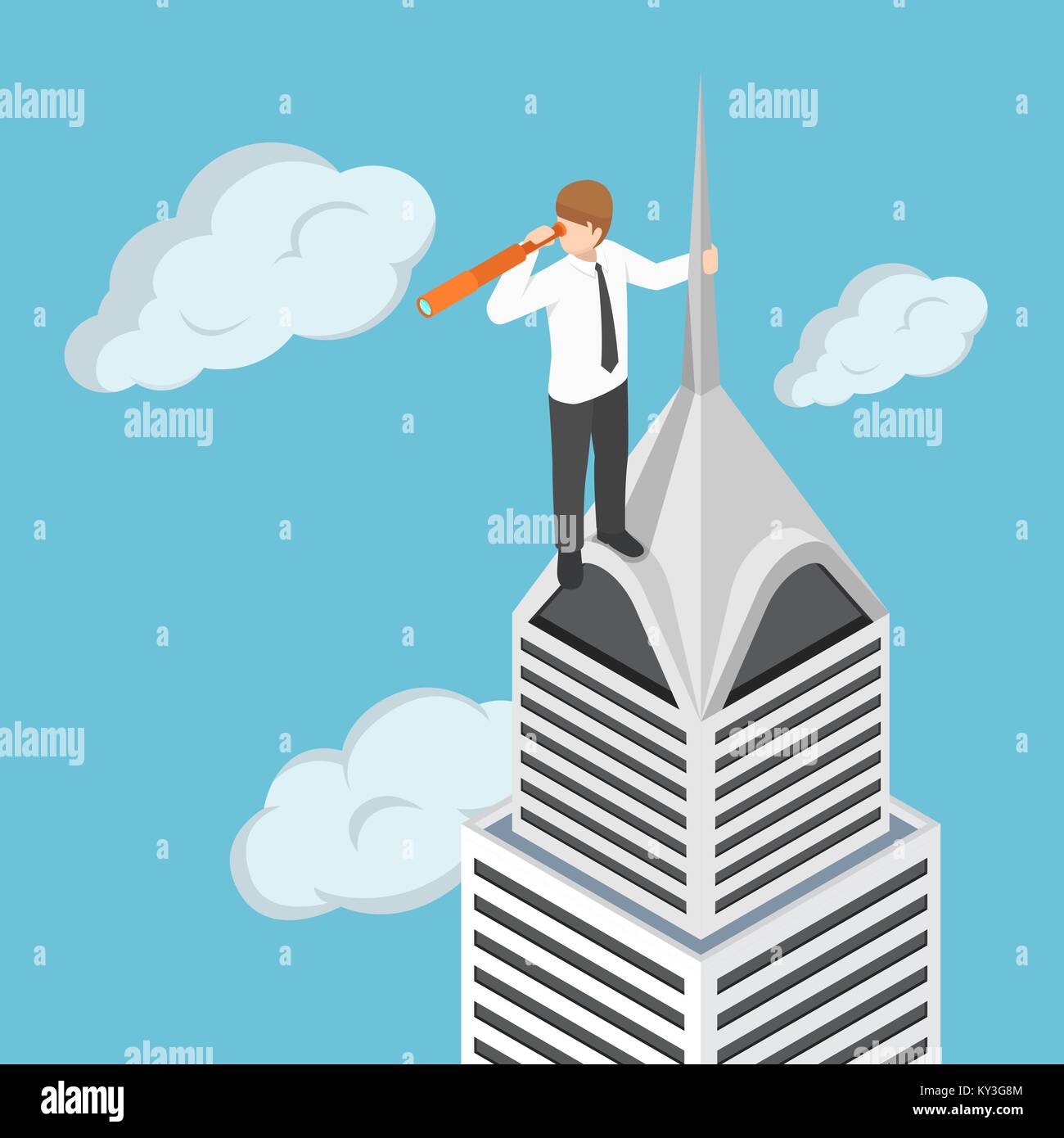 Flat 3d isometric businessman at the top of skyscraper loking through ...