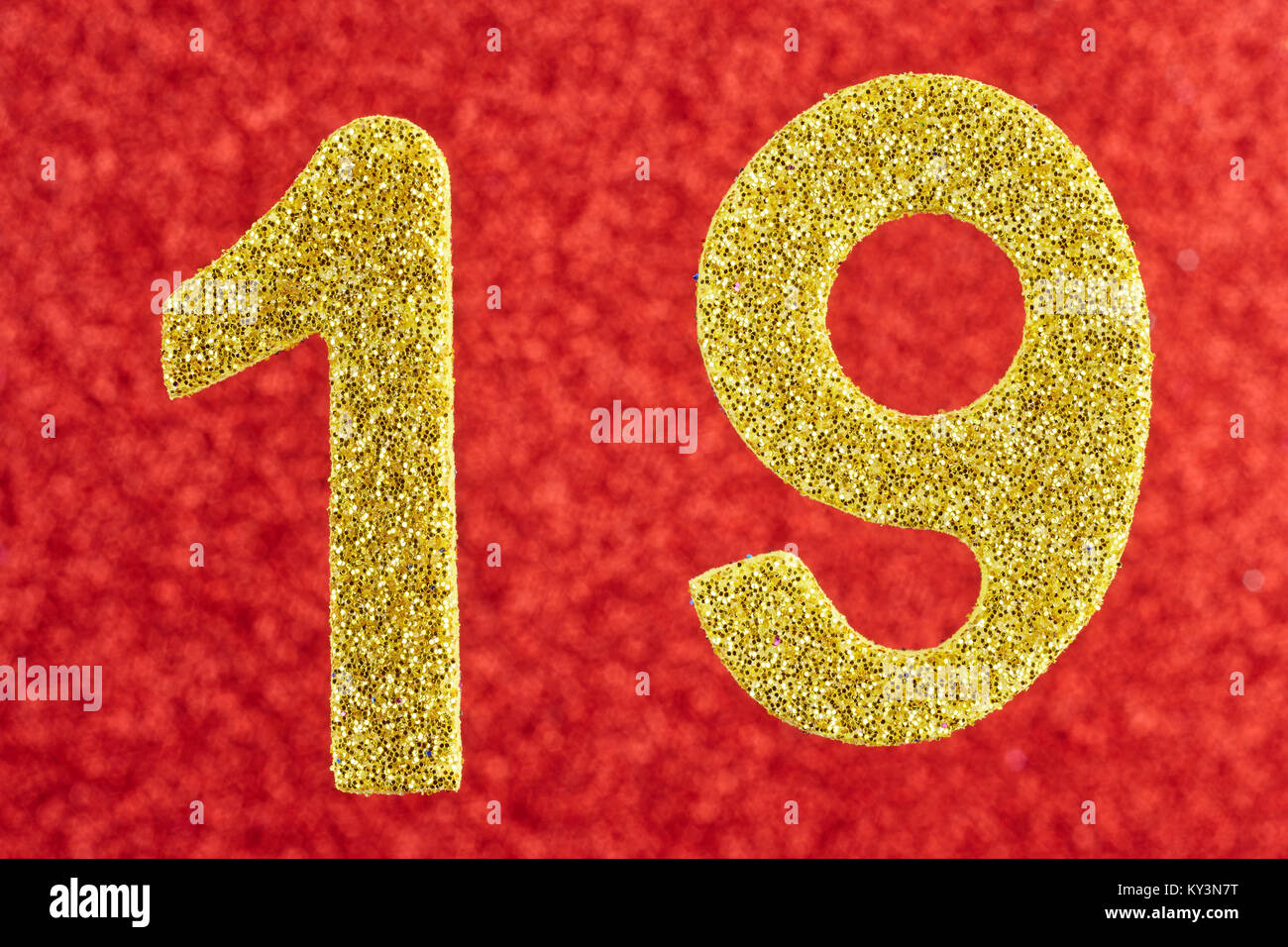 Number nineteen yellow color over a red background. Anniversary ...