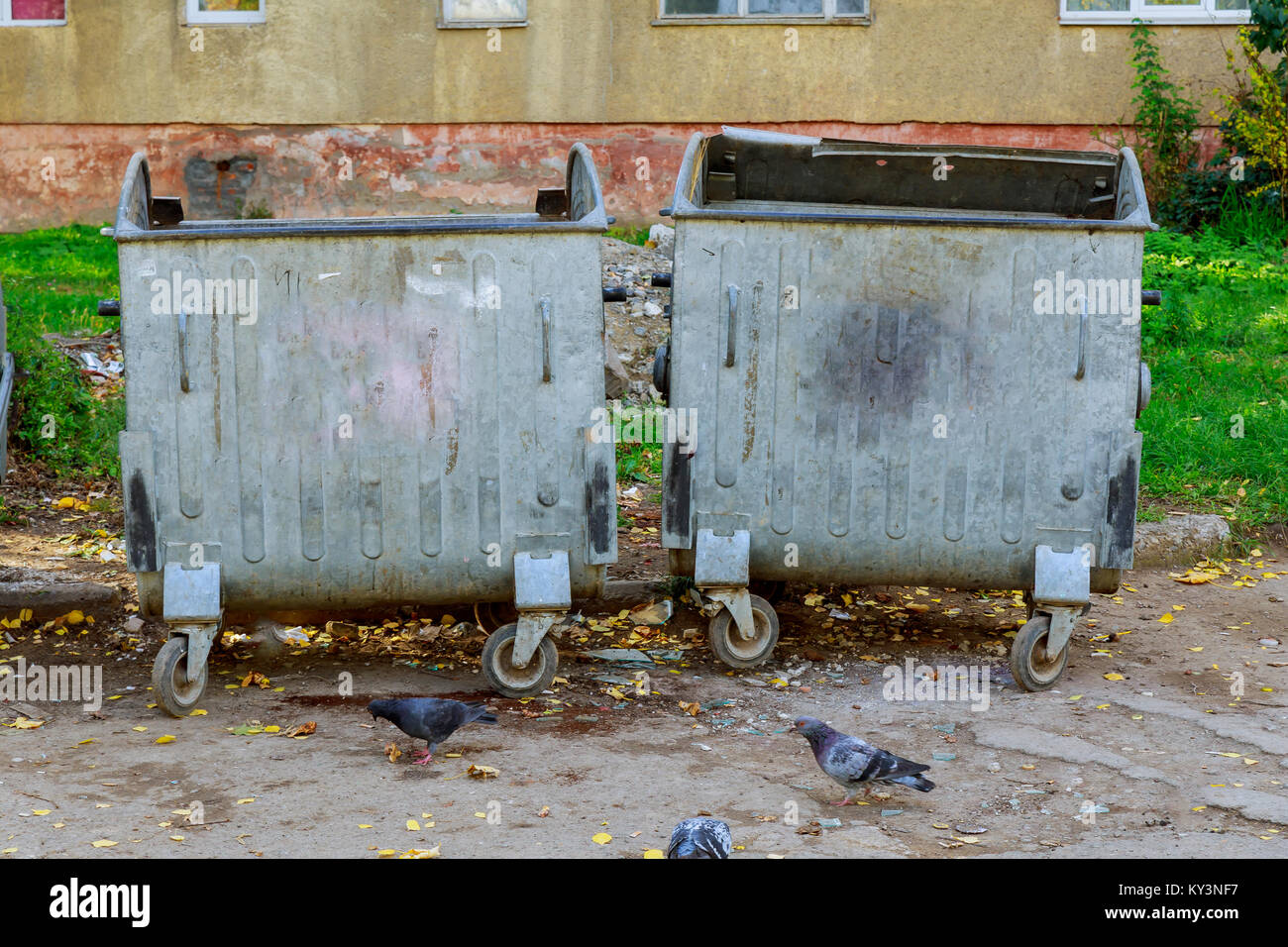 Two garbage bins in a park, one for paper, one for cans and one for ...