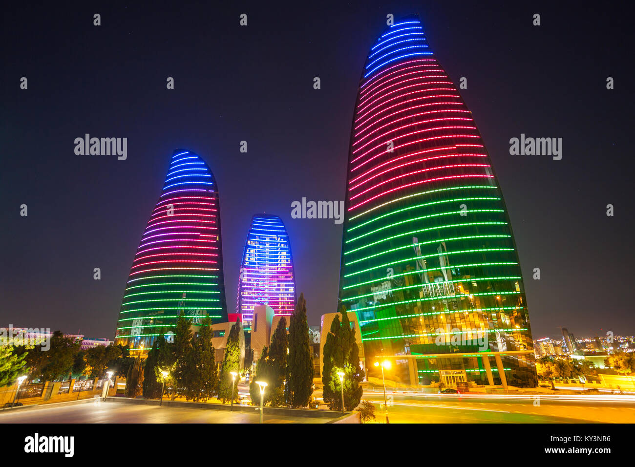 BAKU, AZERBAIJAN - SEPTEMBER 13, 2016: Baku Flame Towers is the tallest ...