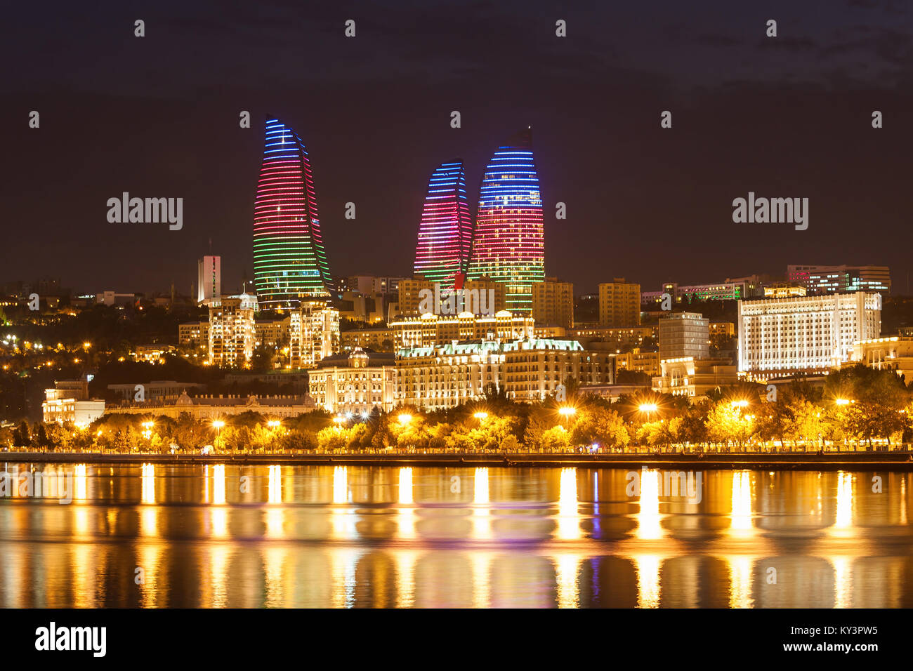 BAKU, AZERBAIJAN - SEPTEMBER 15, 2016: Baku Flame Towers at night. It ...