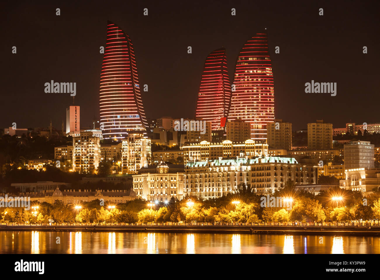 BAKU, AZERBAIJAN - SEPTEMBER 15, 2016: Baku Flame Towers at night. It ...