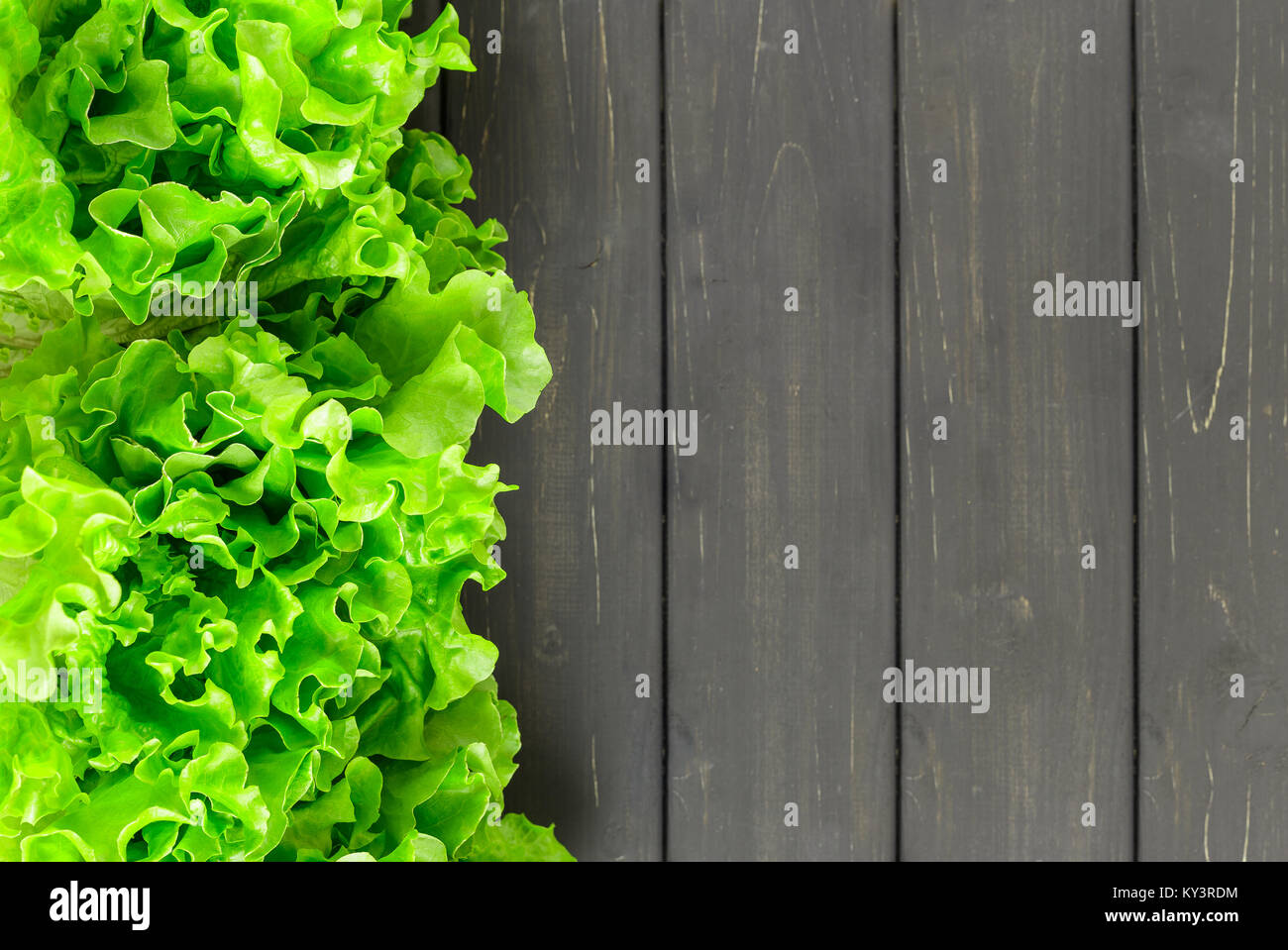 Fresh lettuce leaves side border over black wooden plank background ...