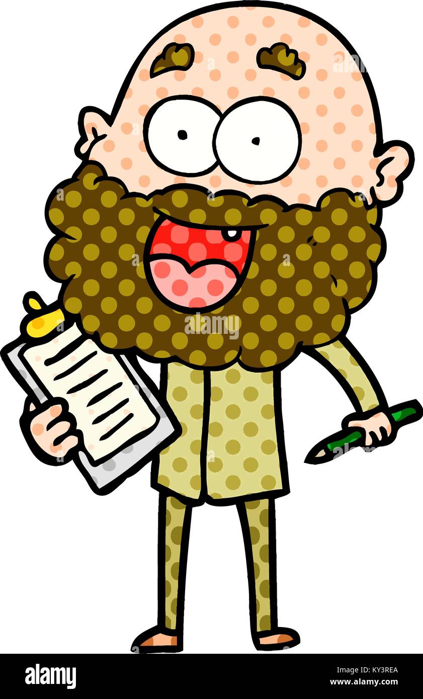 cartoon crazy happy man with beard and clip board for notes Stock ...