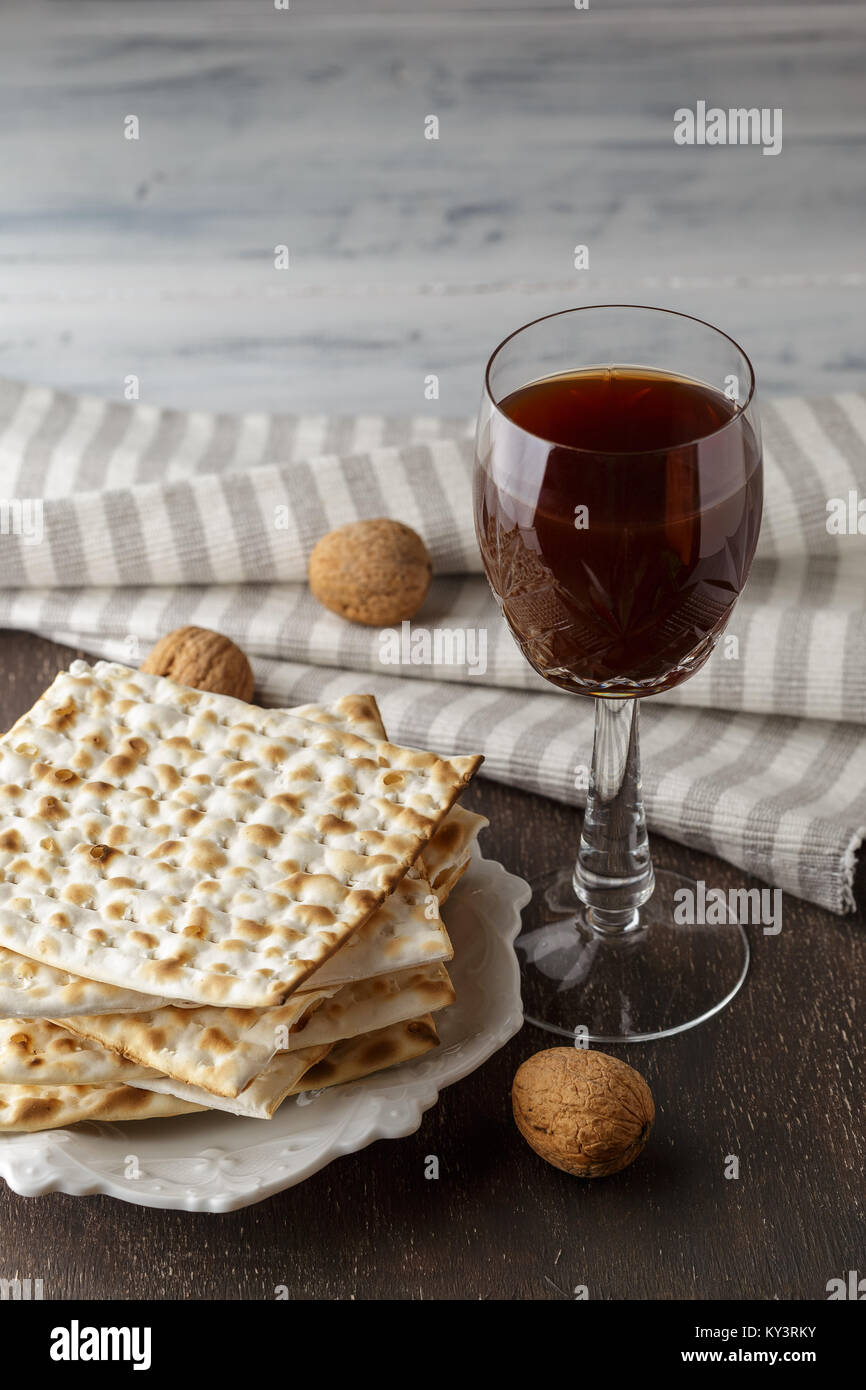 A Jewish Matzah bread with wine. Passover holiday concept Stock Photo ...