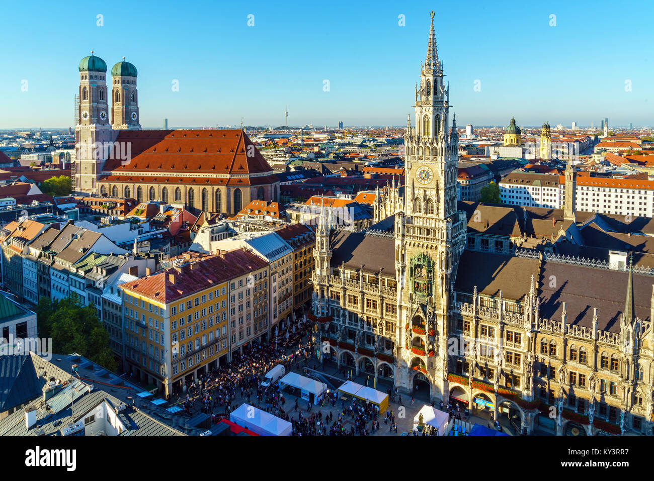 Aerial view of The New Town Hall and Marienplatz before sunset, Munich ...