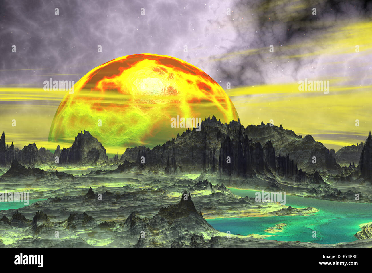 Alien Planet - Artwork. Rocks and lake. 3D illustration Stock Photo - Alamy
