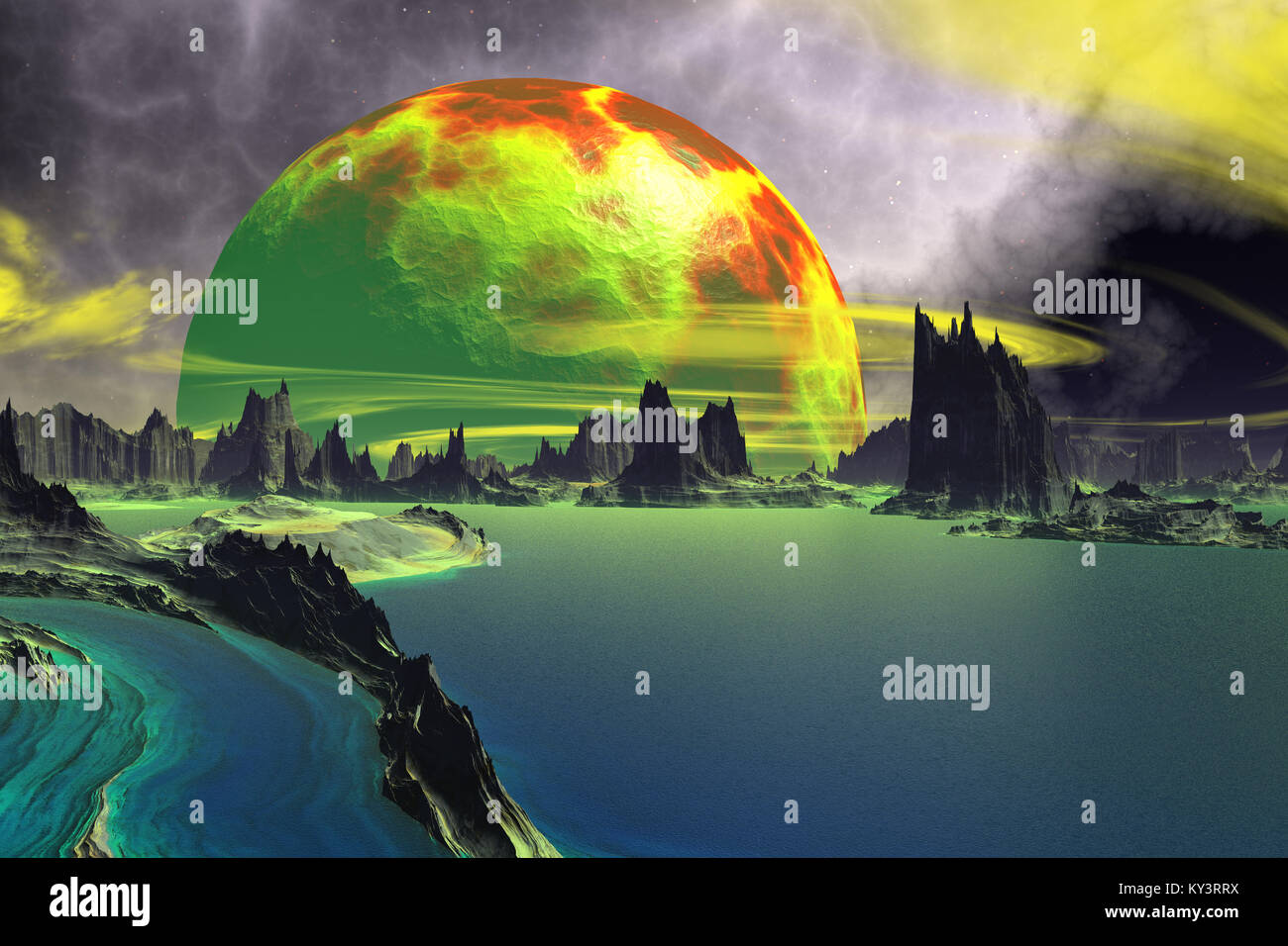 Alien Planet - Artwork. Rocks and lake. 3D illustration Stock Photo - Alamy