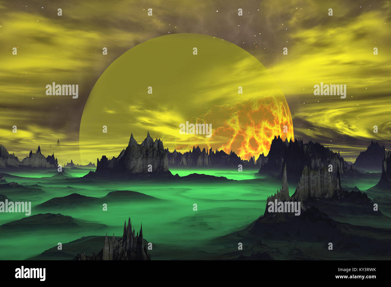 Alien Planet - Artwork. Rocks and sky. 3D illustration Stock Photo - Alamy