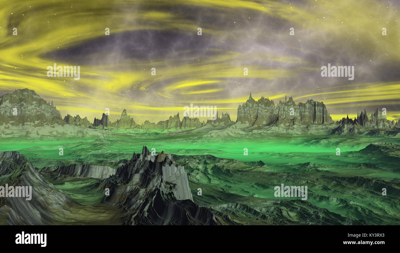 Alien Planet - Artwork. Rocks and sky. 3D illustration Stock Photo - Alamy