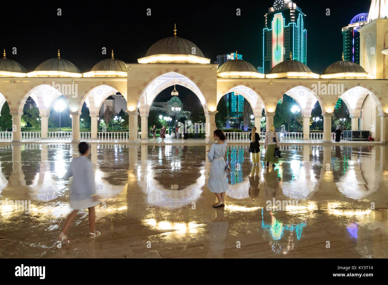 The Heart of Chechnya (Akhmad Kadyrov) Mosque, illuminated at night ...