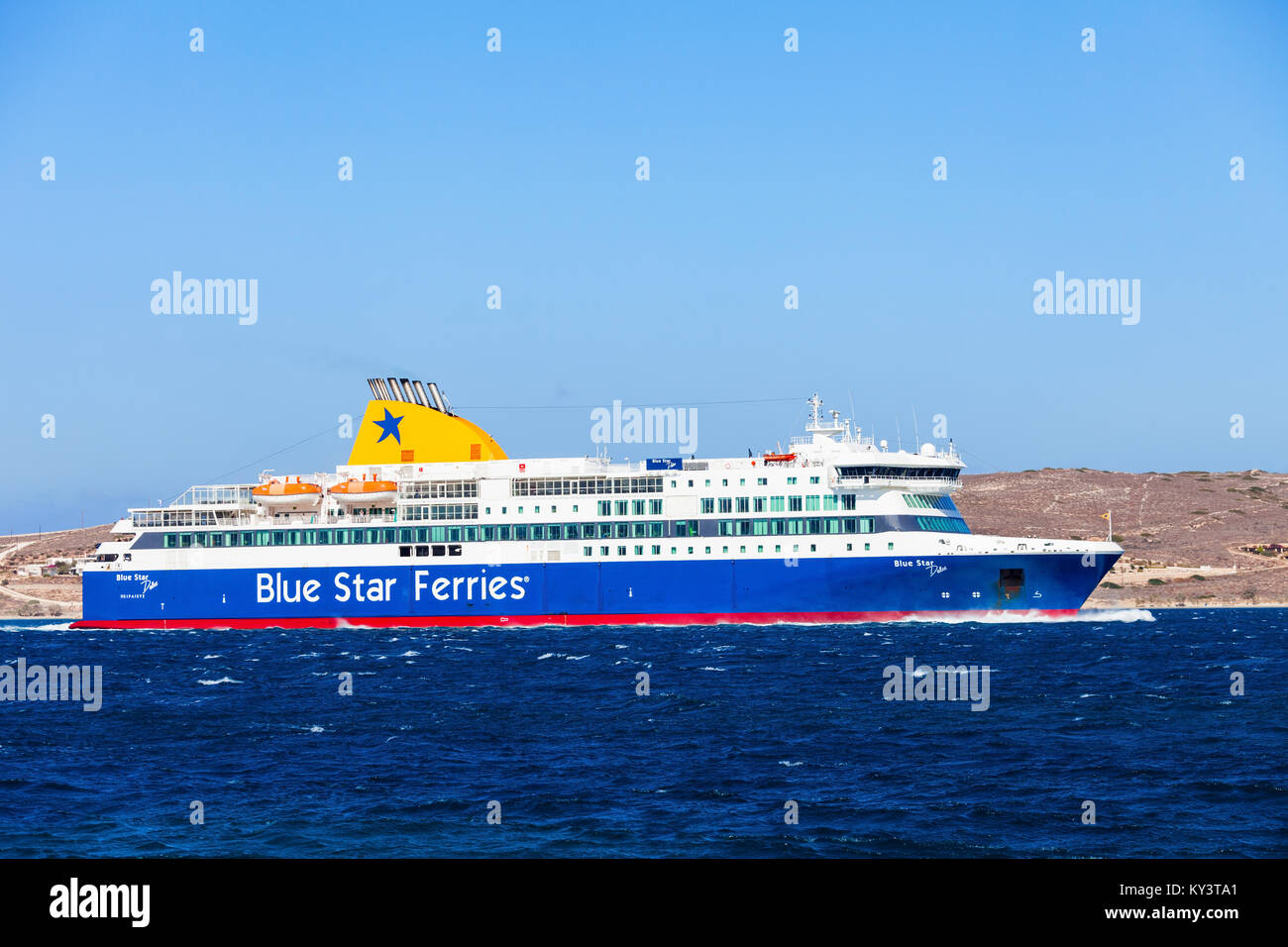 PAROS ISLAND, GREECE - OCTOBER 25, 2016: Blue Star ferry in the sea ...