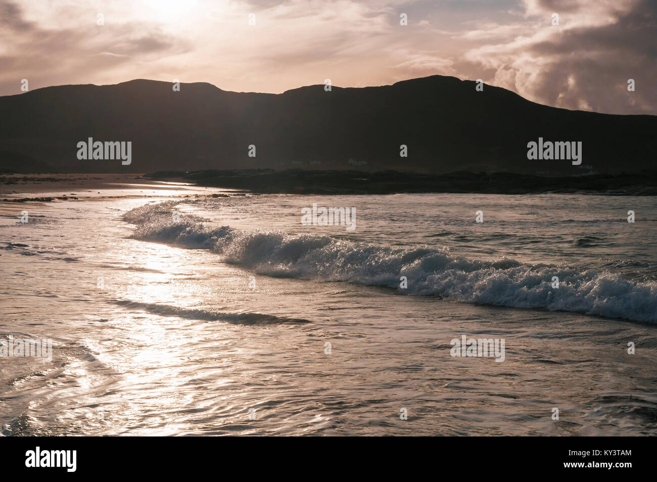 A sepia toned image of the Atlantic ocean empying onto the Sanna Bay ...