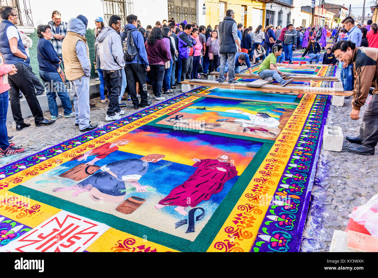 Antigua, Guatemala - April 2, 2017: Making dyed sawdust Lent procession ...