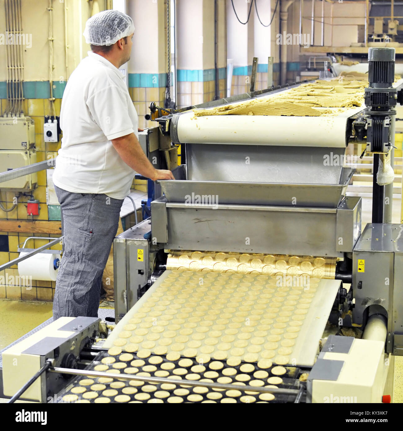 food industry - biscuit production in a factory on a conveyor belt ...