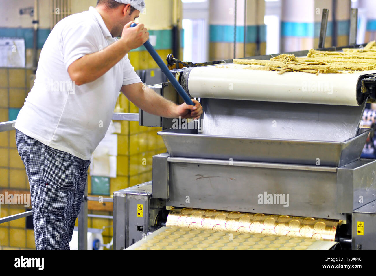 food industry - biscuit production in a factory on a conveyor belt ...