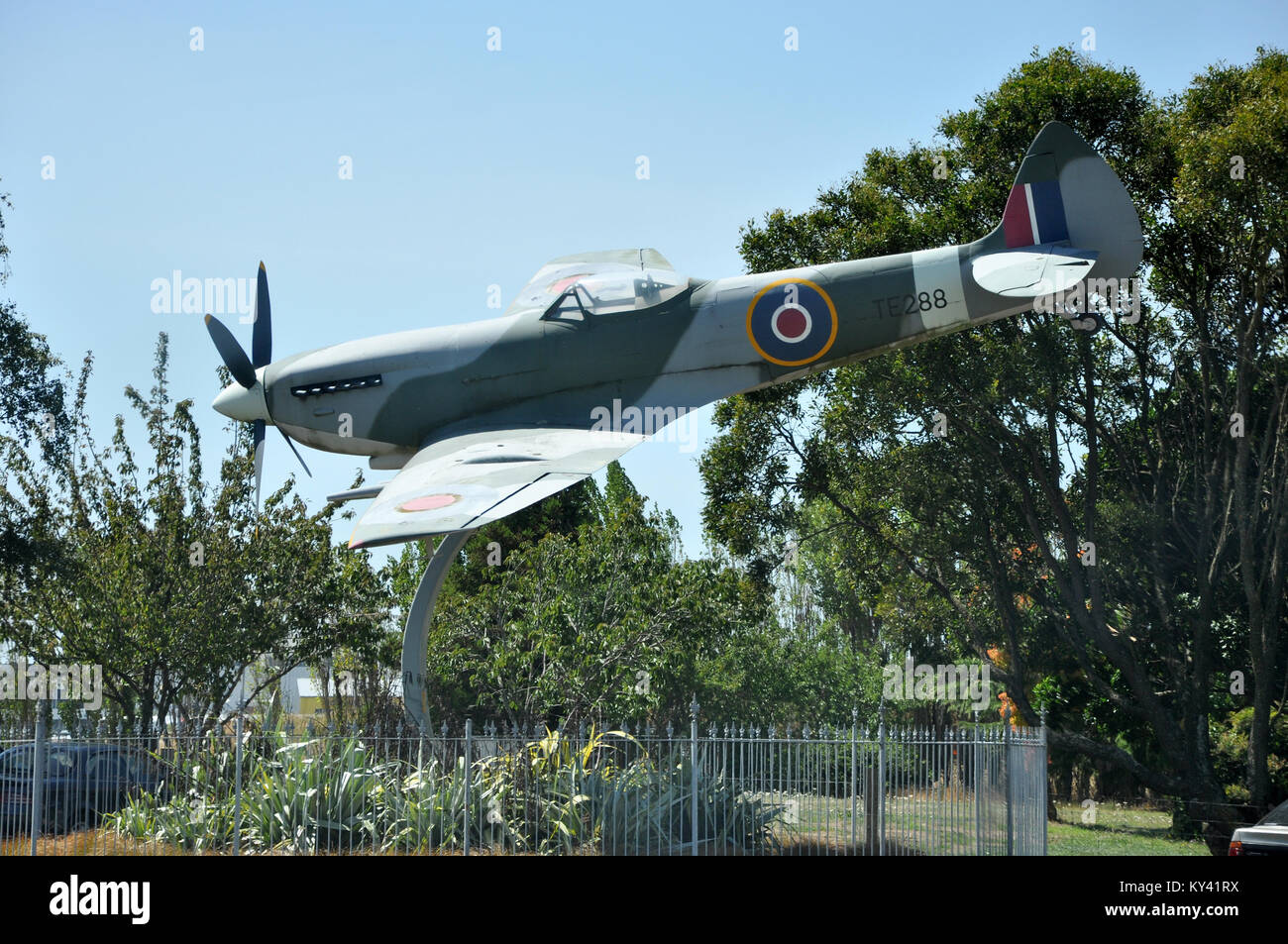 Spitfire on a pole outside Christchurch Airport, New Zealand. Replica ...