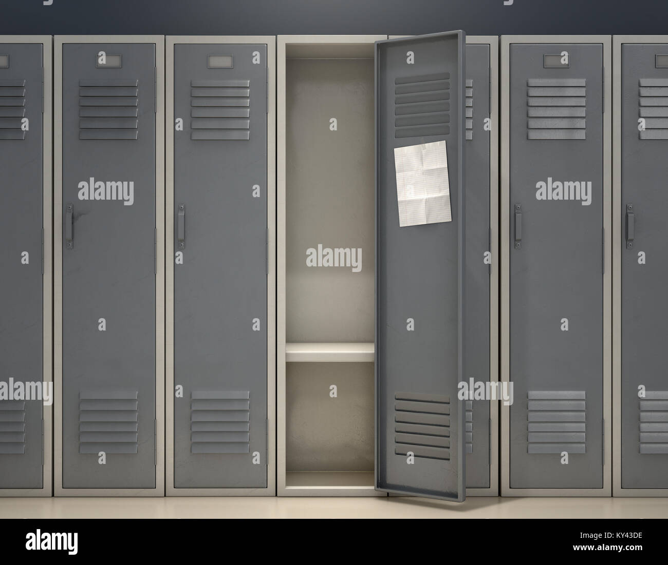A row of metal school lockers with one open door and a blank page note ...